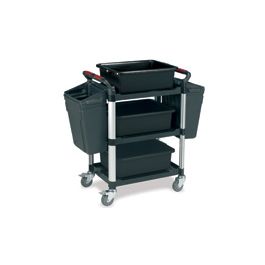 Buy Plastic 3-shelf trolley c/w trays & side bins now